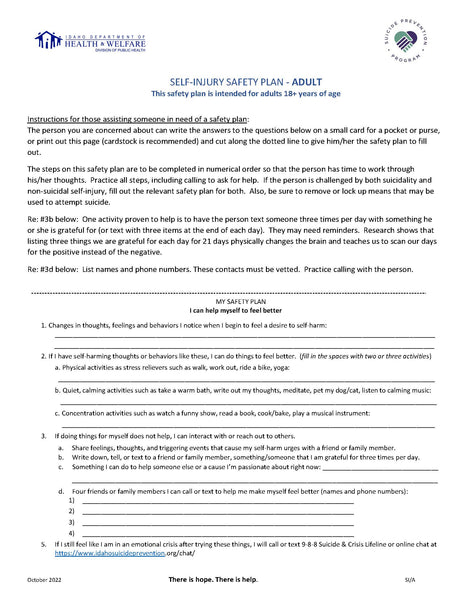 Self-Injury Care Card for Adults – Idaho Health Tools